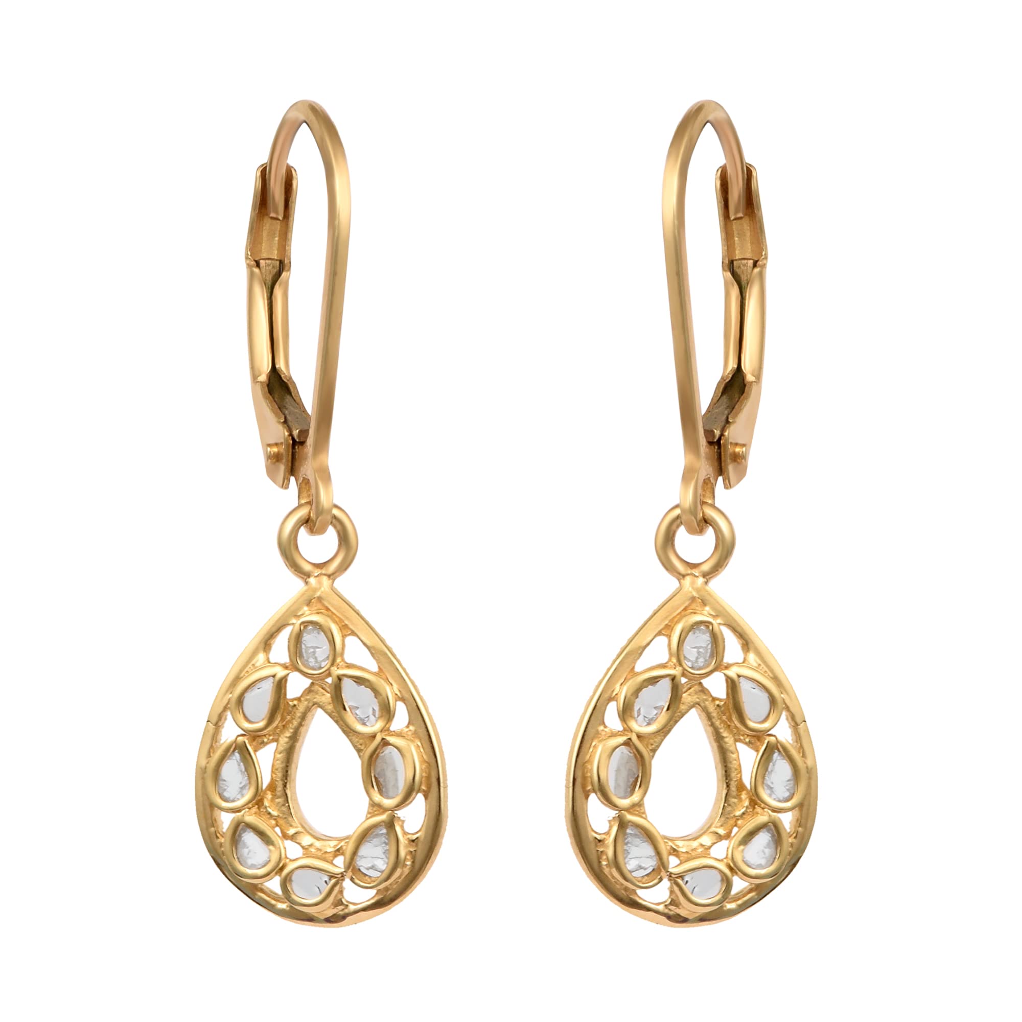 0.25 CTW Natural Polki Diamond Pear Shape Lever Back Earrings in Vermeil Yellow Gold Over Sterling Silver