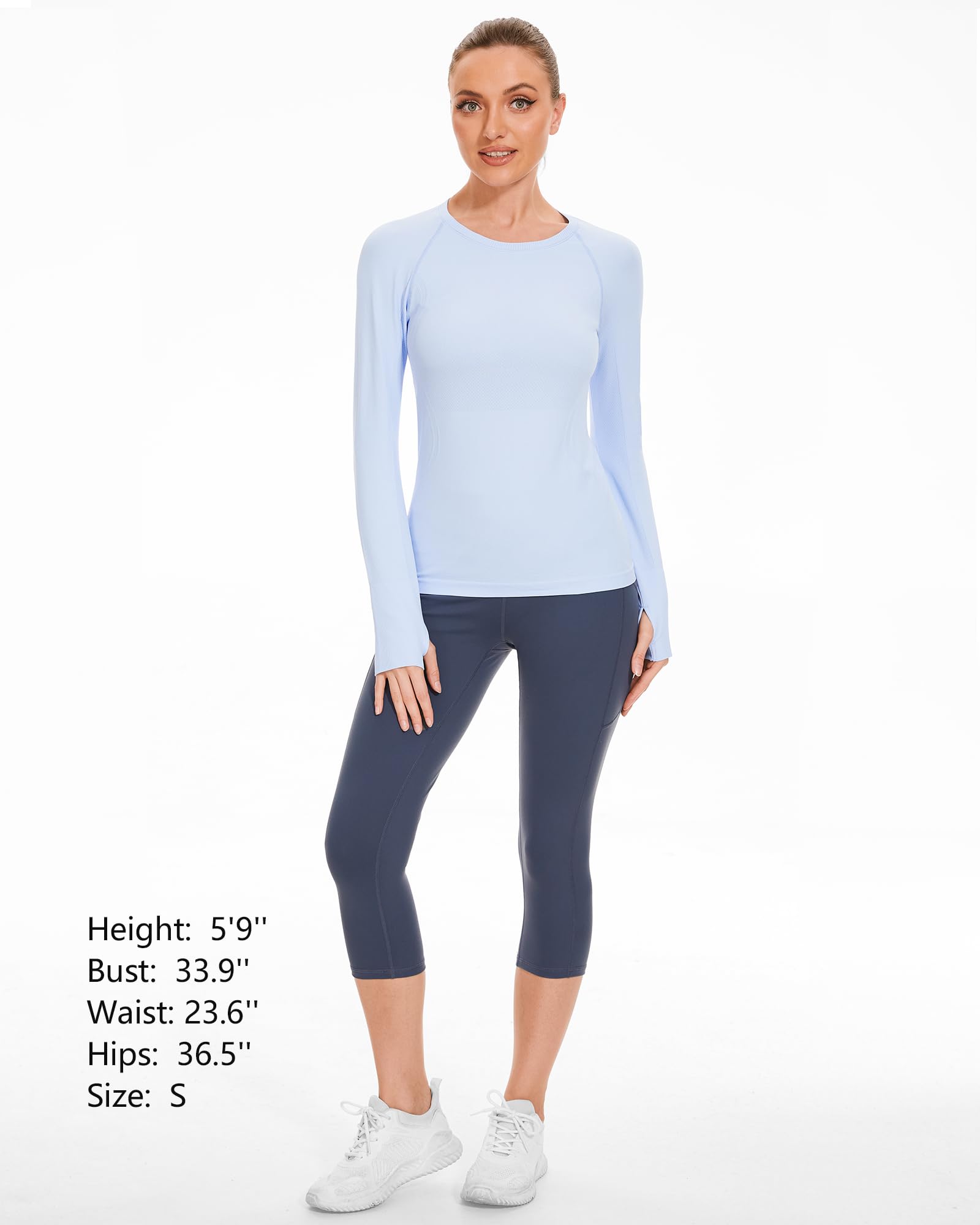 Stelle Women Workout Shirts Seamless Long Sleeve Yoga Tops with Thumb Holes for Sports Running Breathable Athletic Slim Fit Blue