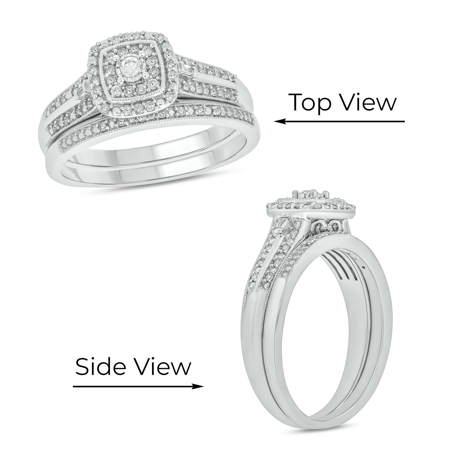 Cali Trove, 1/3cttw Diamond Square Halo Engagement Ring with Matching Diamond Wedding Band for Women in 925 Sterling Silver, Women's Silver Square Wedding Ring Set with Halo and Diamond Accented