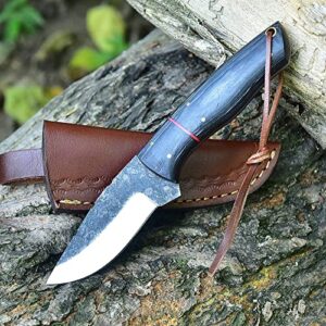 zeasna ze-hk-51 handmade carbon steel hunting knife with leather sheath outdoor full tang fixed blade bushcraft knife, survival knife for hunting camping skinning with wood handle (black)