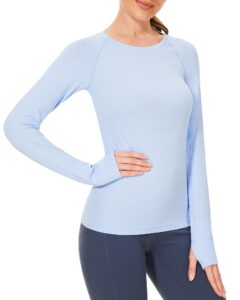 stelle women workout shirts seamless long sleeve yoga tops with thumb holes for sports running breathable athletic slim fit blue