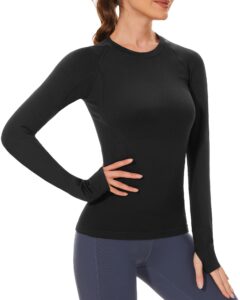 stelle womens breathable seamless shirt with thumb holes for yoga sports running workout athletic slim fit, black, large, long sleeve