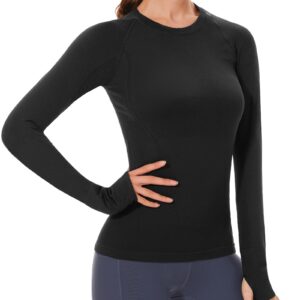 Stelle Womens Breathable Seamless Shirt with Thumb Holes for Yoga Sports Running Workout Athletic Slim Fit, Black, Large, Long Sleeve