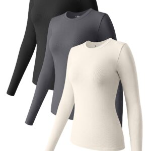 OQQ Womens 3 Piece Long Sleeve Tops Crew Neck Stretch Fitted Underscrubs Layer Tee Shirts Tops Black Darkgrey Beige