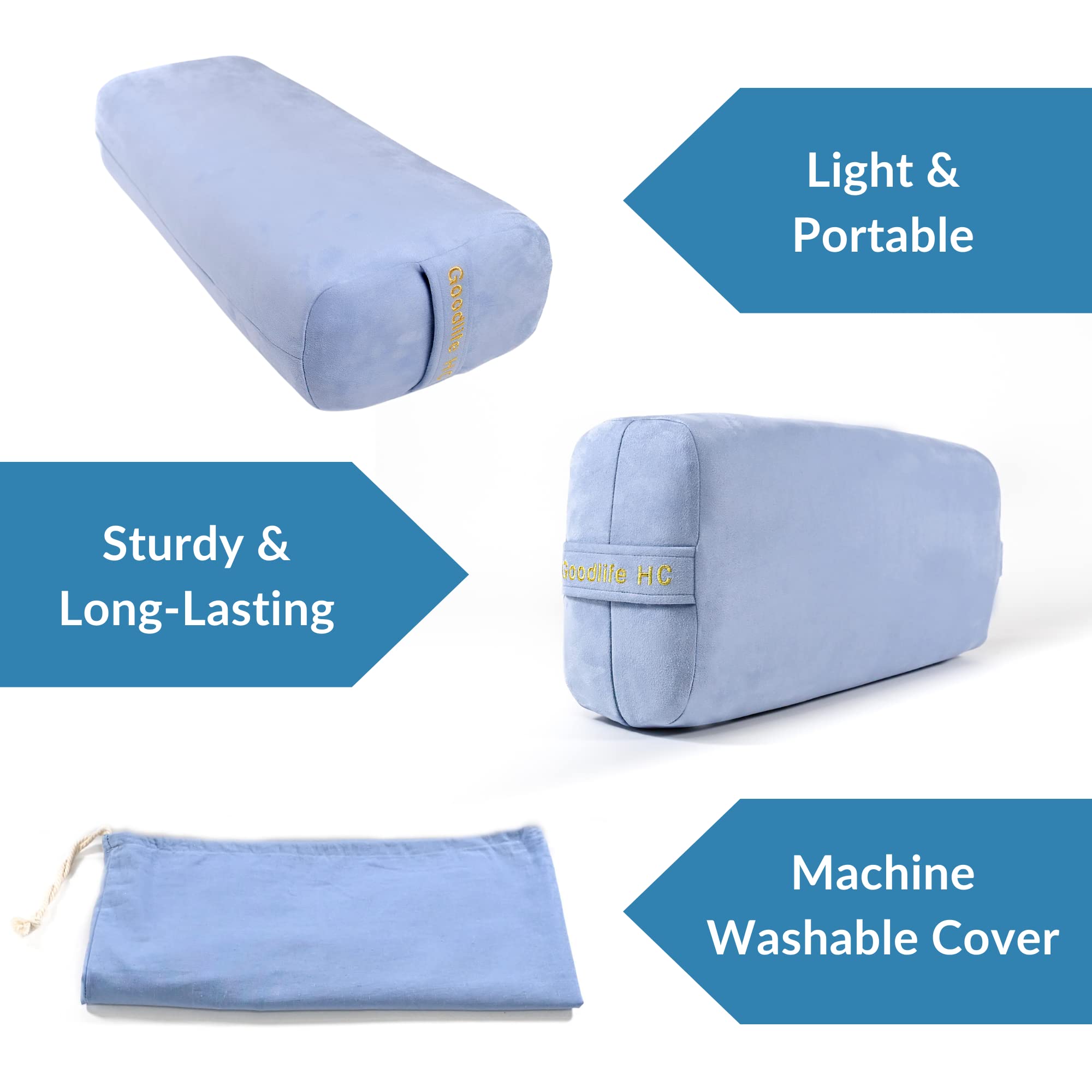 Goodlife HC Multifunctional Yoga Bolster Pillow - Rectangular with Carry Handles & Straps for Stretching Legs Meditation Helps Knee Pain Machine Washable Cover, Light Blue