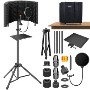 dmsky microphone isolation shield with pop filter & tripod stand, foldable mic shield with triple sound insulation, high density mic sound shield for recording studio, podcasts, singing, broadcasting