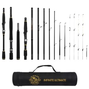 rigged and ready infinite ultimate 25-in-1 spin-baitcast-fly travel fishing rod. 25+ combinations. compact spin-cast-fly fish pole packrod