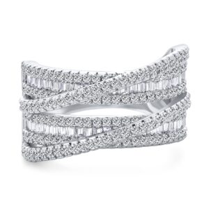 bling jewelry personalize art deco style pave aaa cz crossover criss cross costume faux stacking wide statement cocktail 4 row baguette multi band ring for women silver rhodium plated customizable