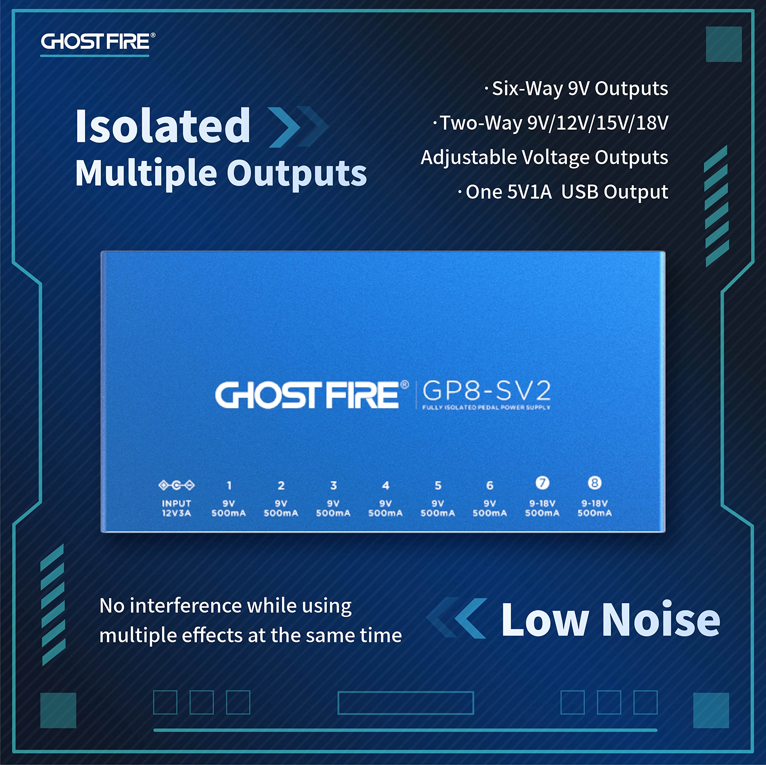 Ghost FIRE GP8-SV2 8-Output Pedal Power Supply+ 5V USB Output Fully Isolated Power Supply with Independent Short-Circuit Protection