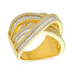 Bling Jewelry Personalize Pave AAA CZ Crossover Criss Cross Costume Faux Stacking Wide Statement Cocktail 4 Row Baguette Multi Band Ring for Women 14KGold Plated Customizable