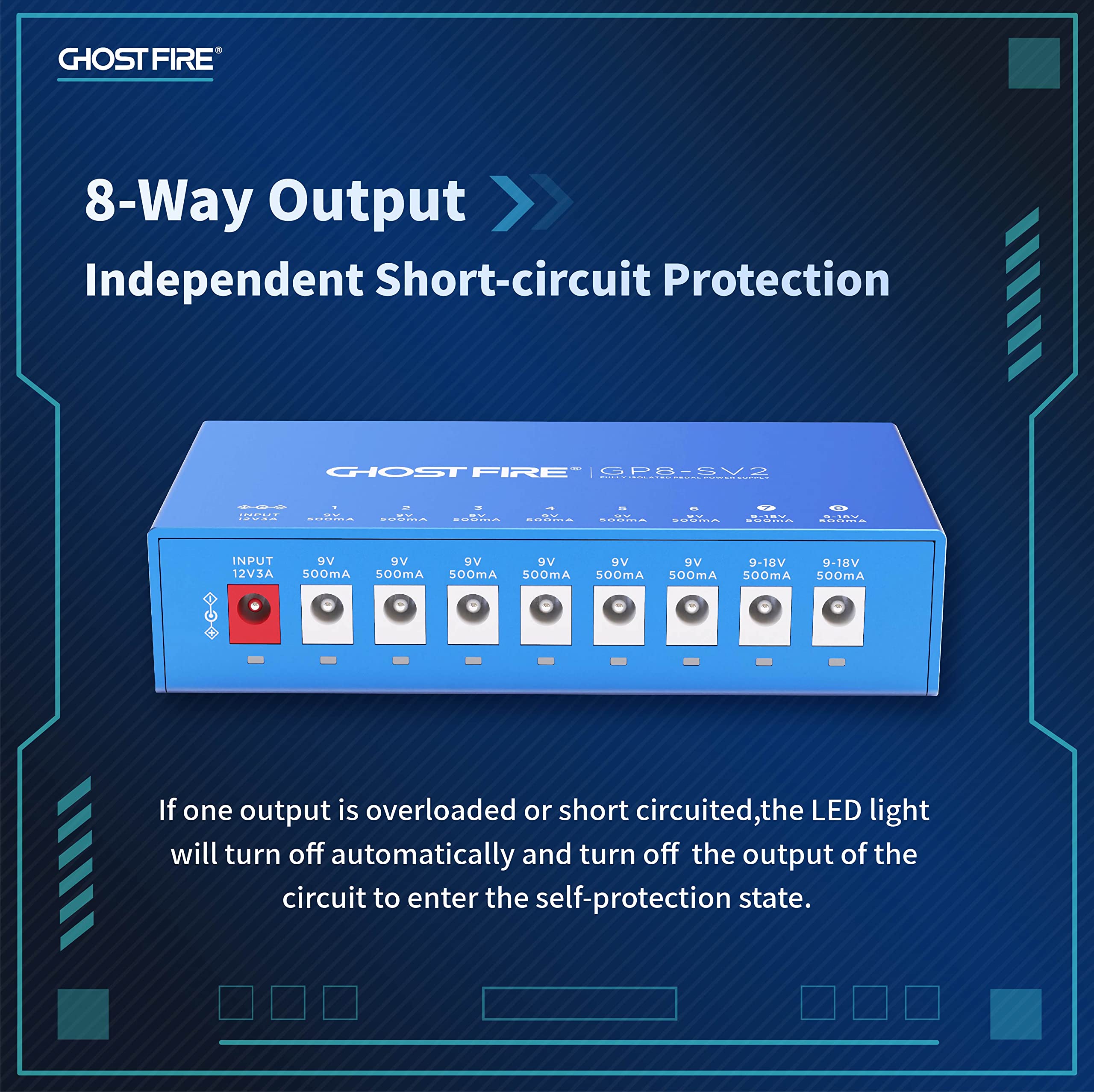 Ghost FIRE GP8-SV2 8-Output Pedal Power Supply+ 5V USB Output Fully Isolated Power Supply with Independent Short-Circuit Protection