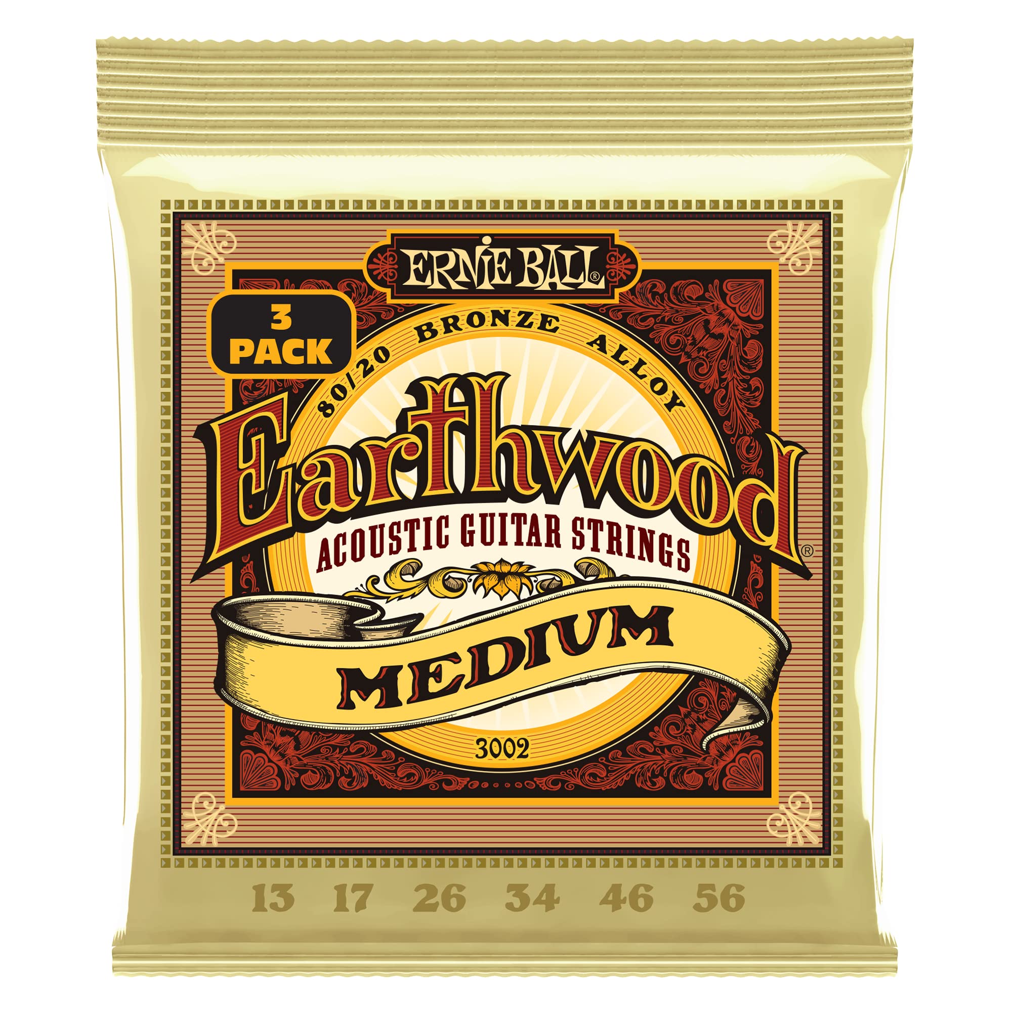 Ernie Ball Earthwood Medium 80/20 Bronze Acoustic Guitar Strings 3-Pack - 13-56 Gauge