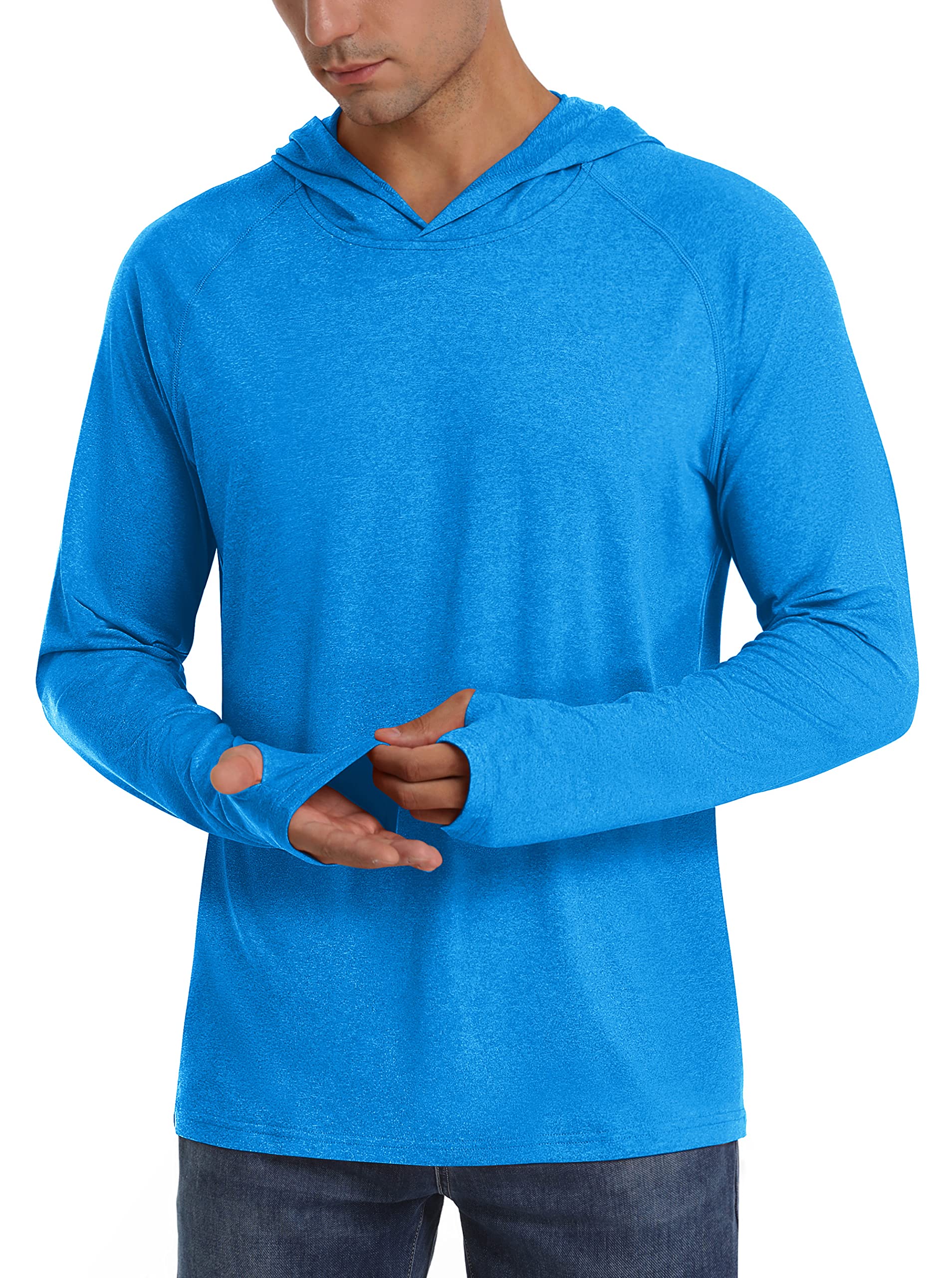 TACVASEN Men's Athletic UV Long Sleeve Sun Shirts with Hoody Running Exercise, Sea Blue, S