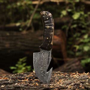 SUSA KNIVES Special Fixed Blade Hunting Knife, Beautiful Damascus Gut Hook Knife Made of Remarkable Damascus Steel Ram Horn Handle, with leather sheath (RAM HORN)