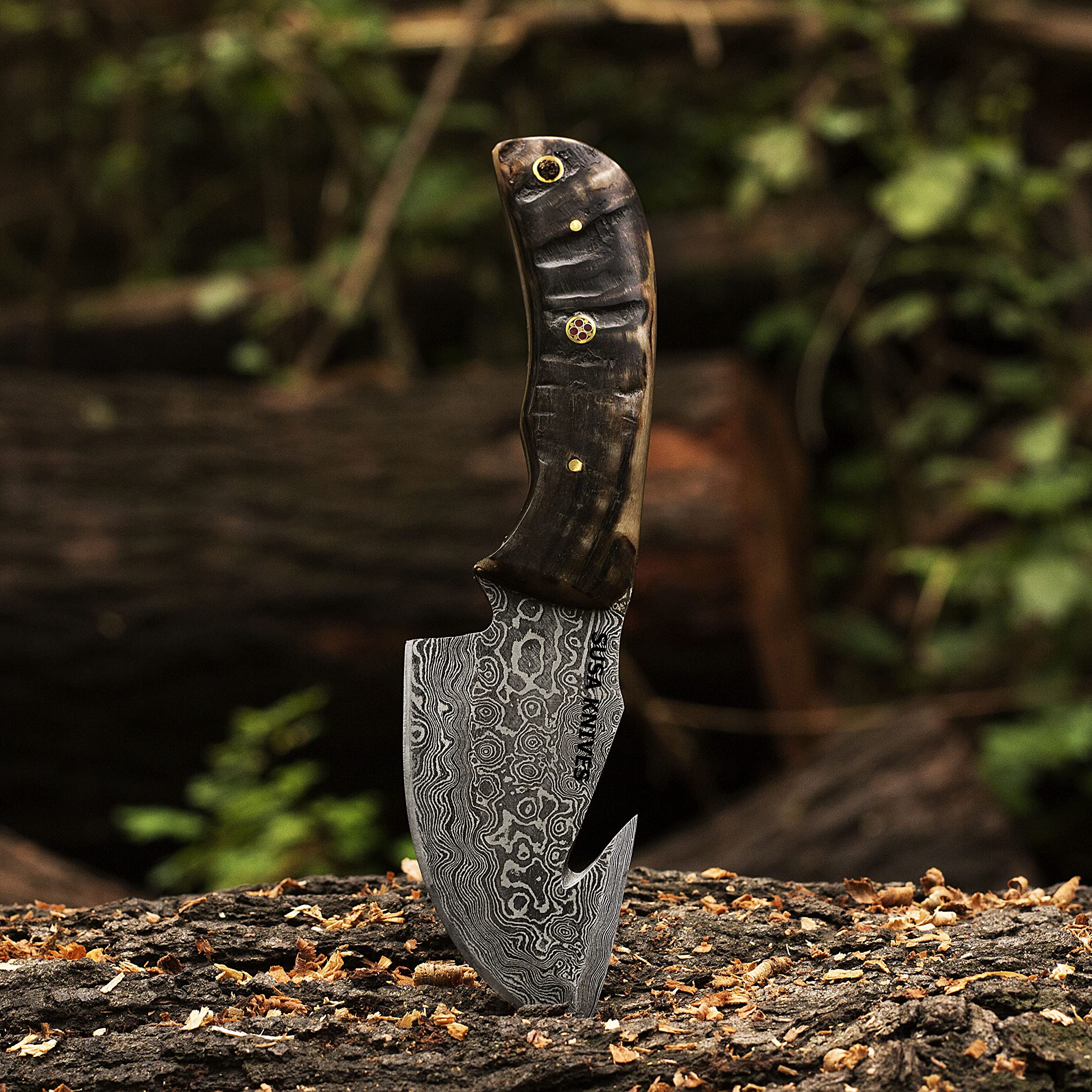 SUSA KNIVES Special Fixed Blade Hunting Knife, Beautiful Damascus Gut Hook Knife Made of Remarkable Damascus Steel Ram Horn Handle, with leather sheath (RAM HORN)