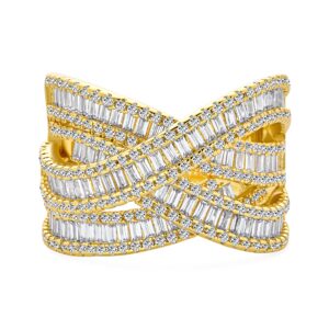 bling jewelry personalize pave aaa cz crossover criss cross costume faux stacking wide statement cocktail 4 row baguette multi band ring for women 14kgold plated customizable