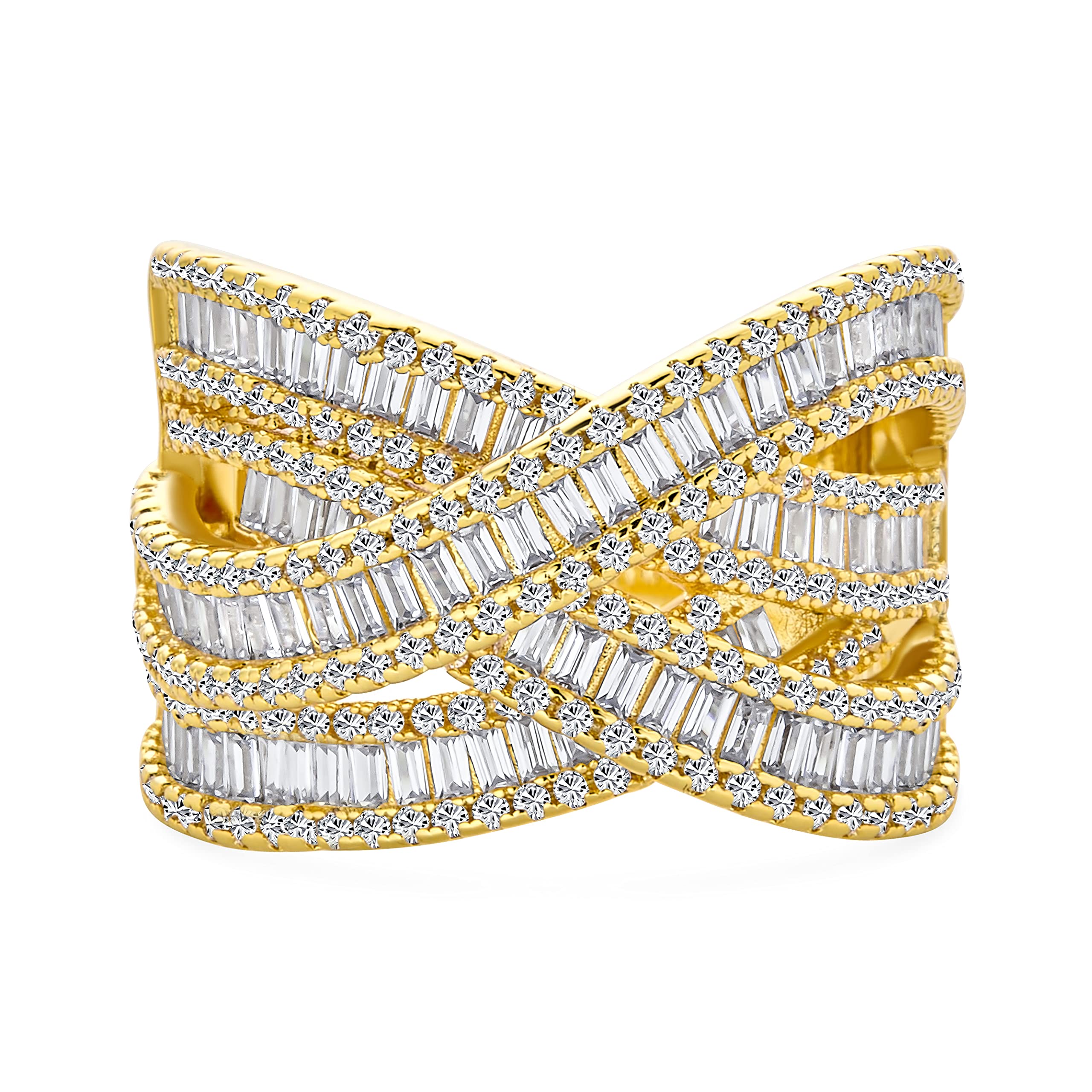 Bling Jewelry Personalize Pave AAA CZ Crossover Criss Cross Costume Faux Stacking Wide Statement Cocktail 4 Row Baguette Multi Band Ring for Women 14KGold Plated Customizable