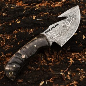 SUSA KNIVES Special Fixed Blade Hunting Knife, Beautiful Damascus Gut Hook Knife Made of Remarkable Damascus Steel Ram Horn Handle, with leather sheath (RAM HORN)