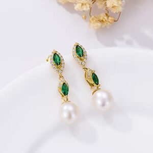 BETHZA Pearl Dangle Earrings for Women 925 Sterling Silver Long Dangle Natural Earrings Gold Plated Stud Earrings with Green Cubic Zirconia Pearl Jewelry for Wife Girlfriend