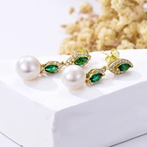 BETHZA Pearl Dangle Earrings for Women 925 Sterling Silver Long Dangle Natural Earrings Gold Plated Stud Earrings with Green Cubic Zirconia Pearl Jewelry for Wife Girlfriend