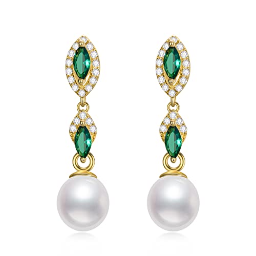 BETHZA Pearl Dangle Earrings for Women 925 Sterling Silver Long Dangle Natural Earrings Gold Plated Stud Earrings with Green Cubic Zirconia Pearl Jewelry for Wife Girlfriend