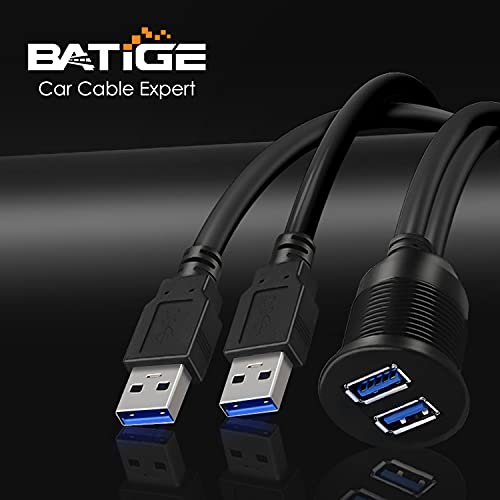 BATIGE 2 Ports Dual USB 3.0 Male to USB 3.0 Female AUX Flush Mount Car Mount Extension Cable for Car Truck Boat Motorcycle Dashboard Panel 1ft