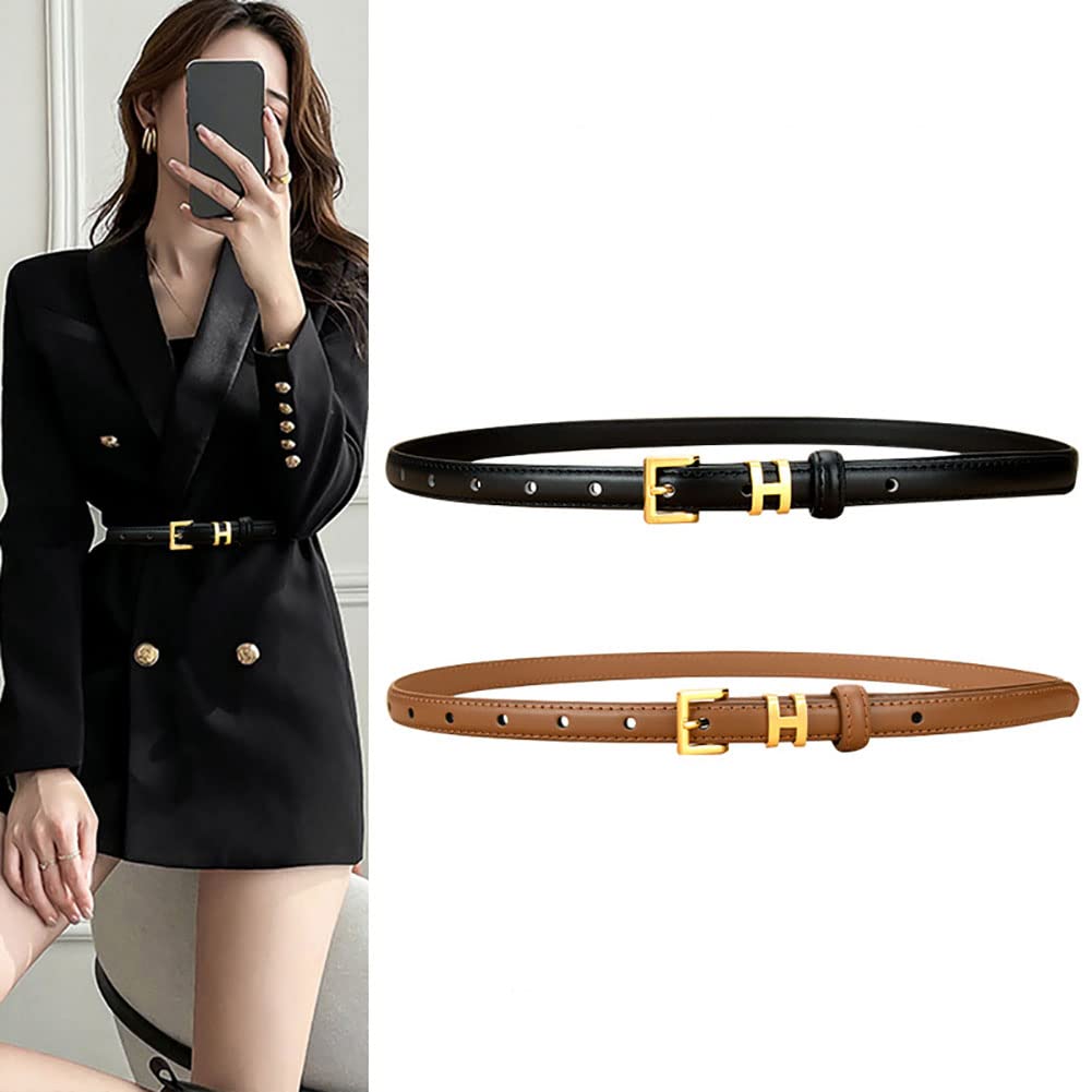 SPOMUNT Women Gold H Design Skinny Leather Belt Thin Waist Jeans Belt for Pants in Pin Buckle Belt, Womens Belts for Dress (Black, 102cm(Fits pants size 25"-33"))