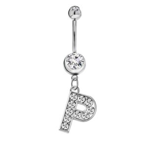 initial dangle belly button rings | embellished with cz crystals in silver letters a to z | ideal for navel piercings belly piercings - initial p - bb-016