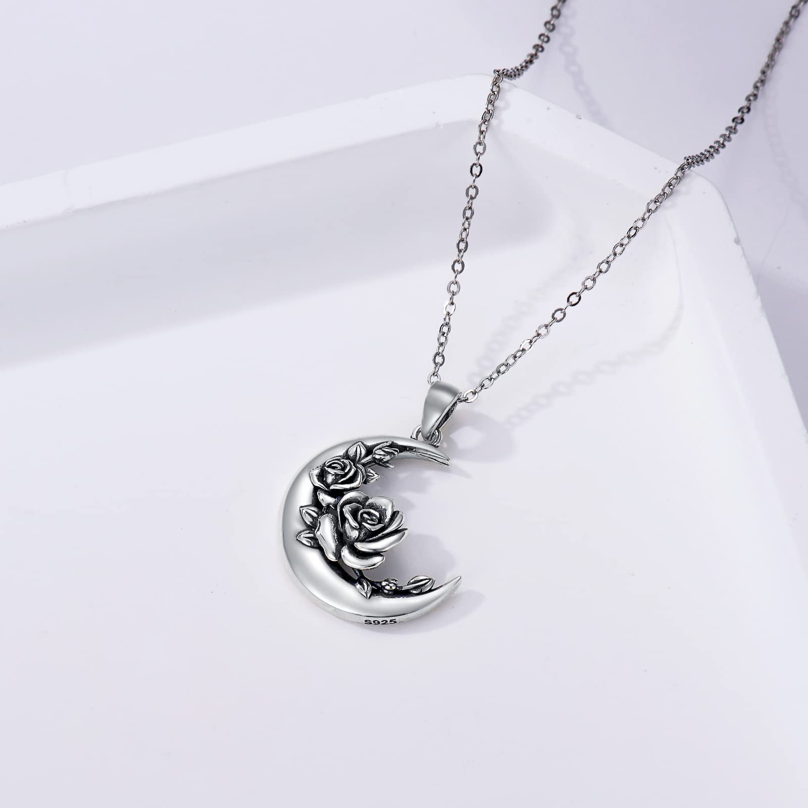 SIMONLY Valentines Day Gifts Sterling Silver Moon Crescent Shape Rose Flower Pendant Necklace Gothic Rose Necklace for Women