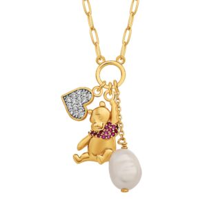 disney winnie the pooh necklace 18-inch - flash-plated necklace with cubic zirconia heart, cultured freshwater pearl, and winnie the pooh charm - winnie the pooh jewelry