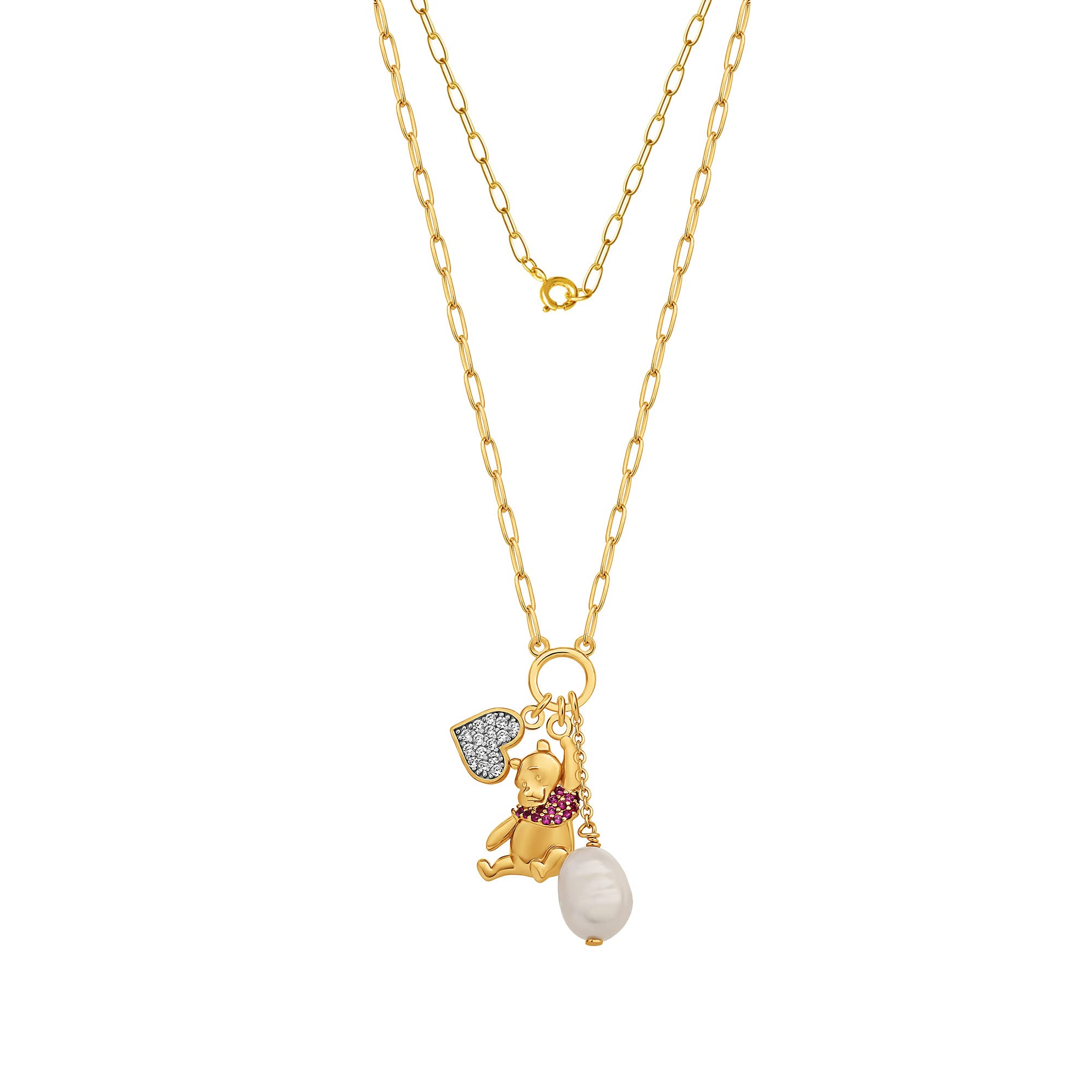 Disney Winnie the Pooh Necklace 18-Inch - Flash-Plated Necklace with Cubic Zirconia Heart, Cultured Freshwater Pearl, and Winnie the Pooh Charm - Winnie the Pooh Jewelry