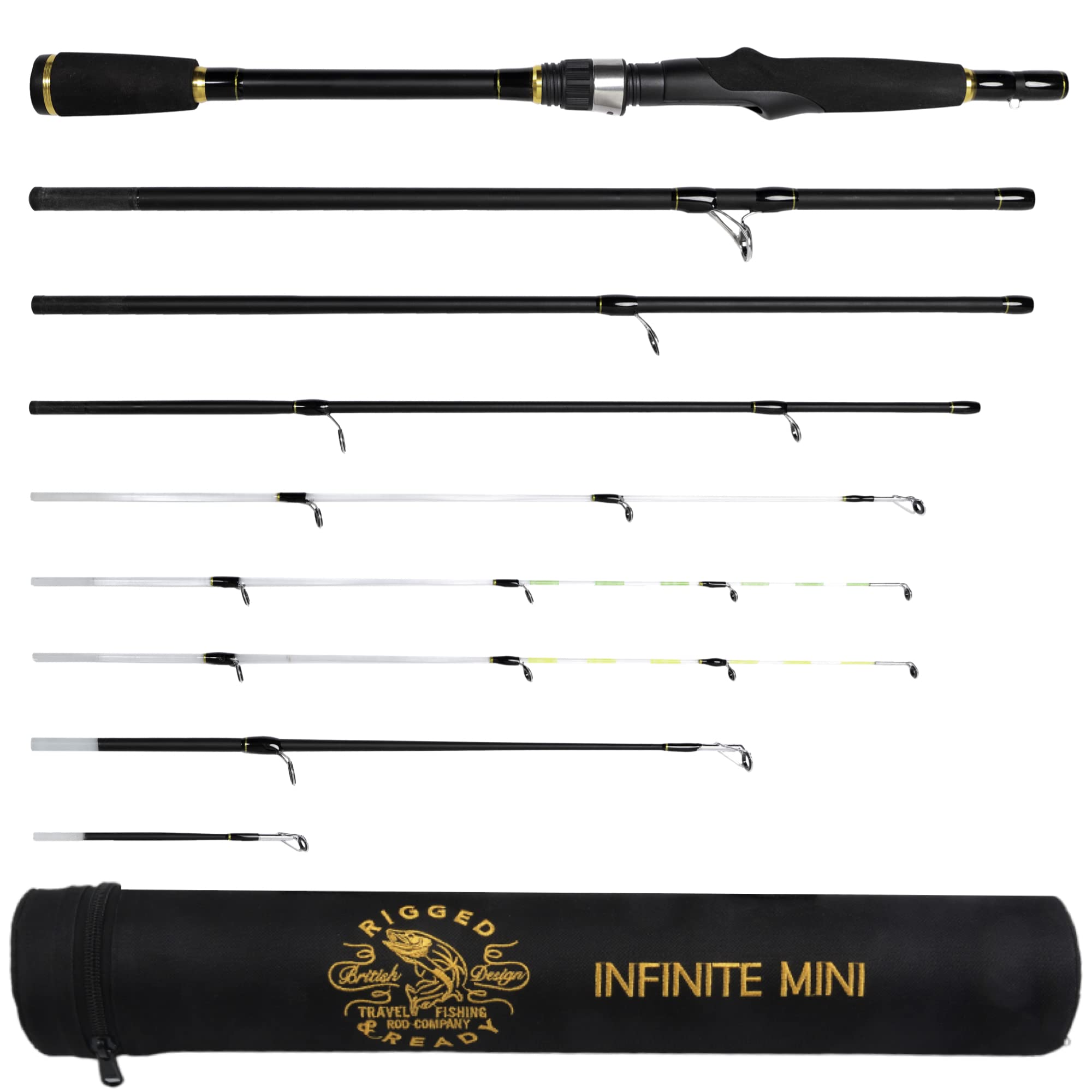 Rigged and Ready Infinite Mini Spinning-Baitcast Travel Fishing Rod. 10-in-1 Combination Rod. Light Compact Spin-Cast Fish Pole