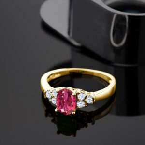 Gem Stone King 18K Yellow Gold Plated Silver Oval Pink Tourmaline and White Topaz Ring For Women (0.74 Cttw, Gemstone Birthstone, Available In Size 5, 6, 7, 8, 9)