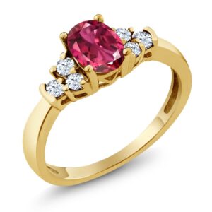 gem stone king 18k yellow gold plated silver oval pink tourmaline and white topaz ring for women (0.74 cttw, gemstone birthstone, available in size 5, 6, 7, 8, 9)