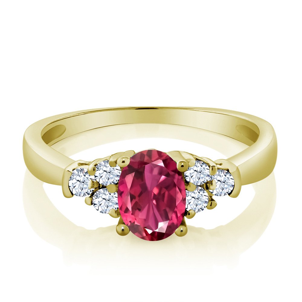 Gem Stone King 18K Yellow Gold Plated Silver Oval Pink Tourmaline and White Topaz Ring For Women (0.74 Cttw, Gemstone Birthstone, Available In Size 5, 6, 7, 8, 9)