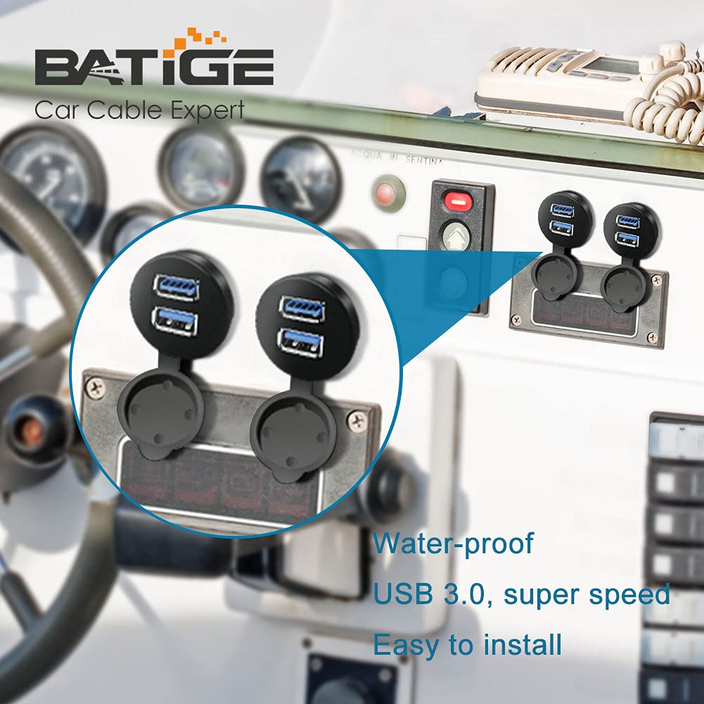 BATIGE 2 Ports Dual USB 3.0 Male to USB 3.0 Female AUX Flush Mount Car Mount Extension Cable for Car Truck Boat Motorcycle Dashboard Panel 1ft