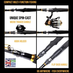 Rigged and Ready Infinite Mini Spinning-Baitcast Travel Fishing Rod. 10-in-1 Combination Rod. Light Compact Spin-Cast Fish Pole