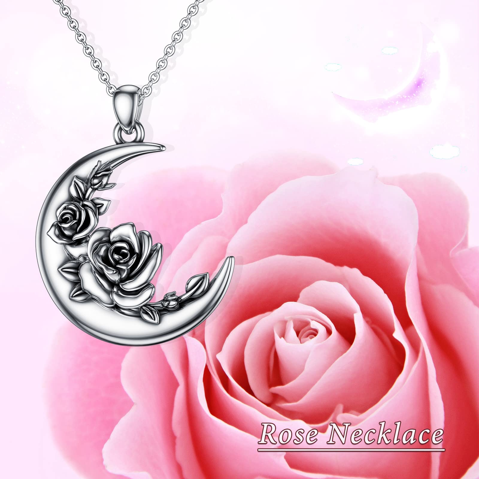 SIMONLY Valentines Day Gifts Sterling Silver Moon Crescent Shape Rose Flower Pendant Necklace Gothic Rose Necklace for Women