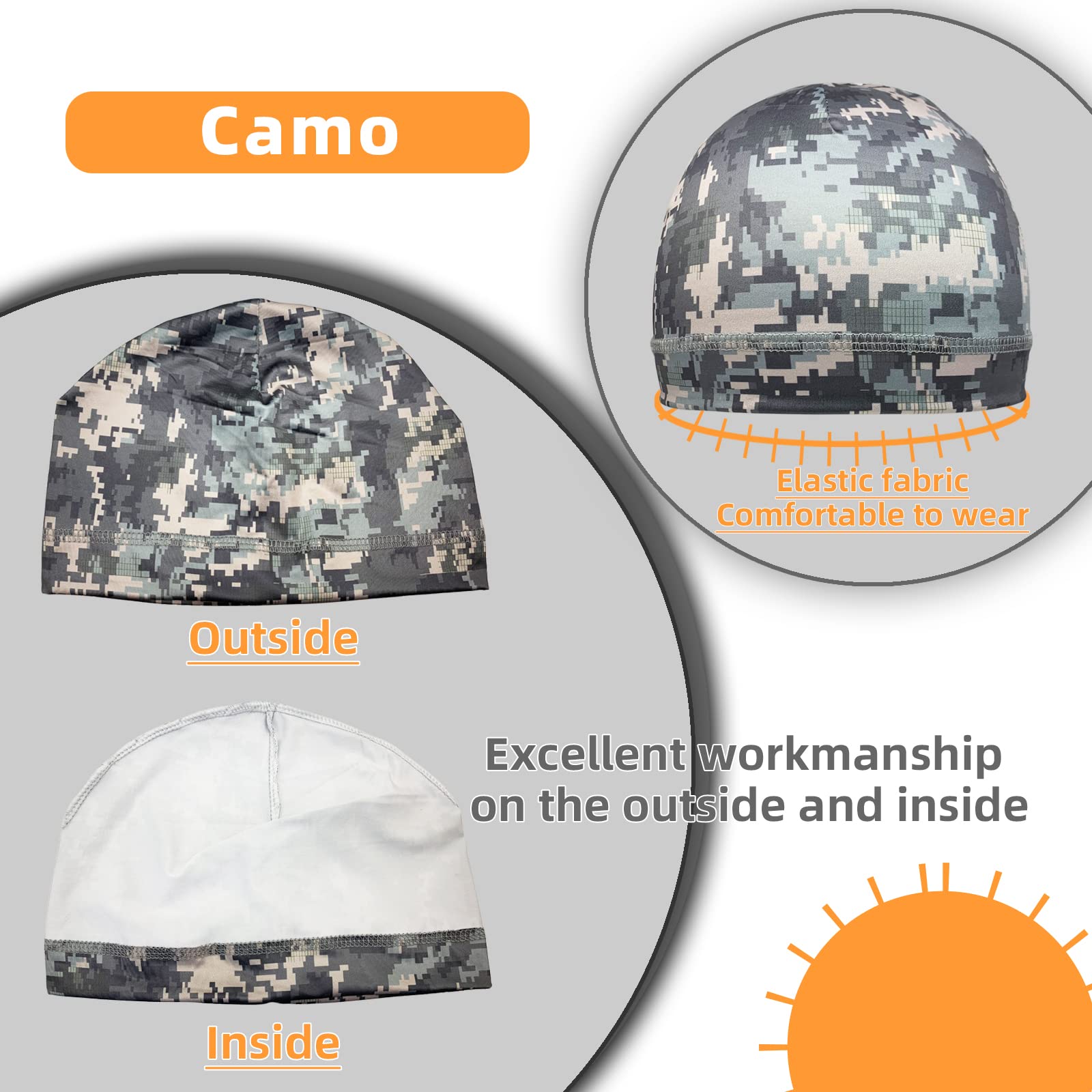 4 Pcs Skull Cap Sweat Wicking Helmet Liner Breathable Cycling Beanie Running Sports Hat Cooling Head Wraps for Men (Camo Color)