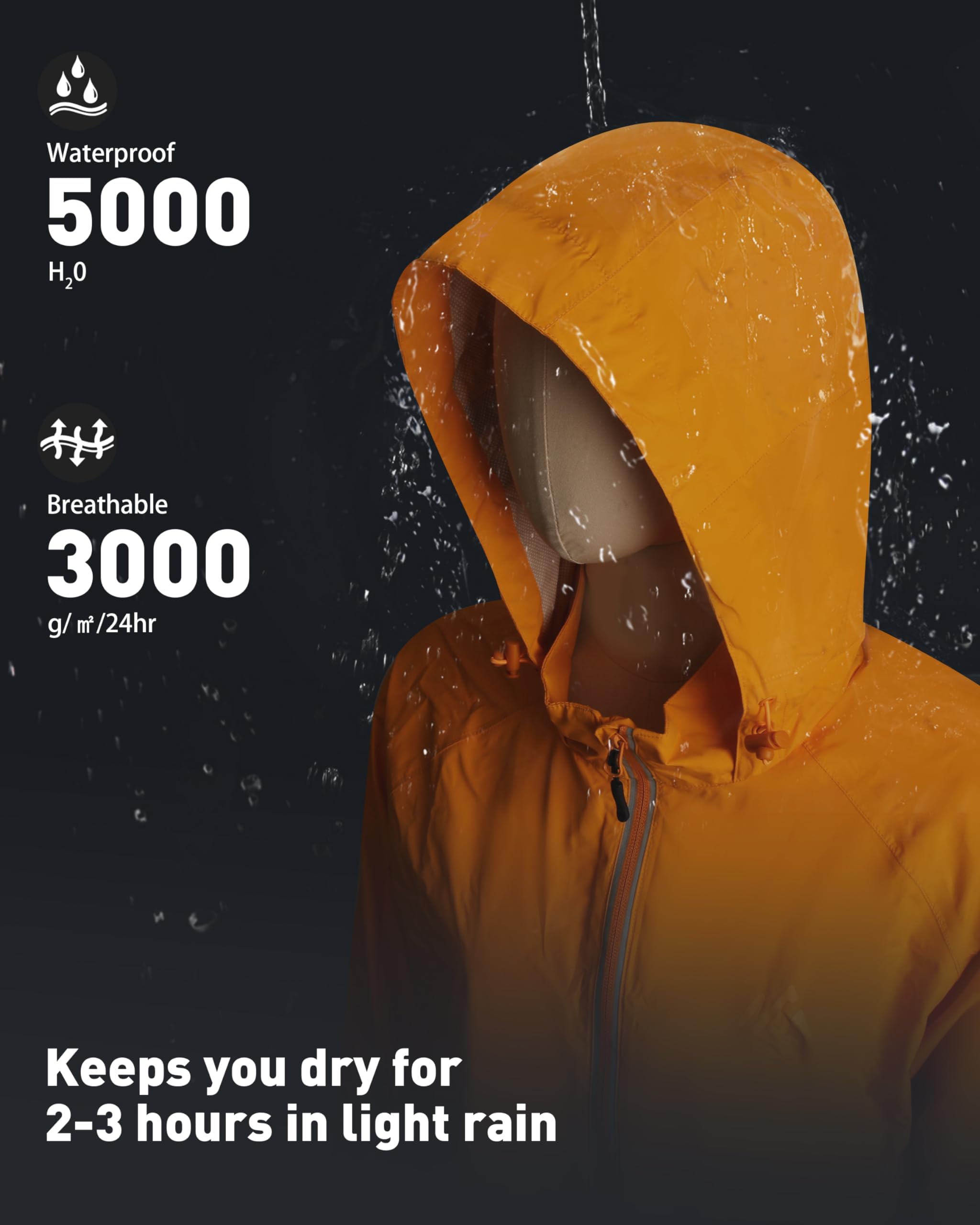 ATLASLAVA Men's Packable Rain Jackets Lightweight Waterproof Reflective Windbreaker Coat with Hood Cycling Running Golf Orange 2XL