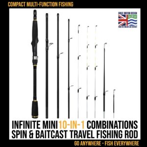 Rigged and Ready Infinite Mini Spinning-Baitcast Travel Fishing Rod. 10-in-1 Combination Rod. Light Compact Spin-Cast Fish Pole