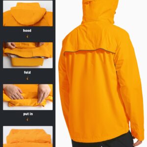 ATLASLAVA Men's Packable Rain Jackets Lightweight Waterproof Reflective Windbreaker Coat with Hood Cycling Running Golf Orange 2XL