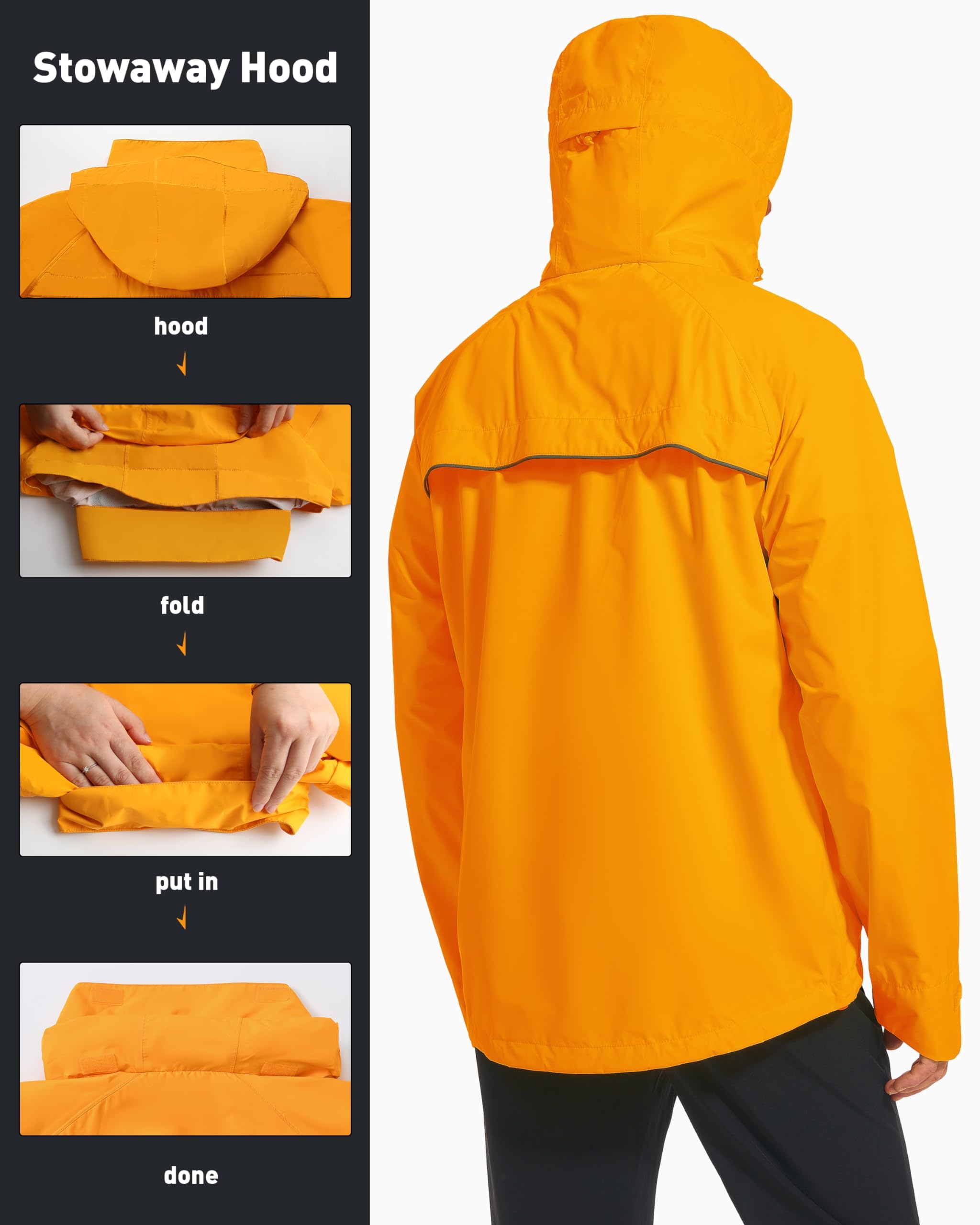 ATLASLAVA Men's Packable Rain Jackets Lightweight Waterproof Reflective Windbreaker Coat with Hood Cycling Running Golf Orange 2XL