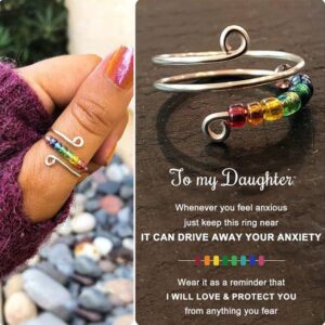 YCYHHW 2024 New Ring Fidget Ring- Rotatable Bead Rings,Open Adjustable Ring,Mood Rings Stress Relieving Rings (Rainbow-Gold)