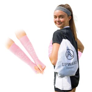 Upward Fitness - Volleyball Arm Sleeves with Passing Protection Forearm Pads and Comfortable Thumbhole Design- Includes Bag and Headband - Perfect For Girls and Boys (M/L Pink)