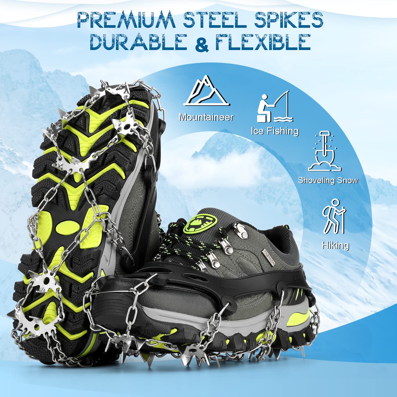 Crampons, 19 Spikes Ice Cleats Traction Snow Grips for Hiking Boots, Shoes Women Men Kids, Safe Protect for Hiking Fishing Climbing Mountaineering(Size-XL)