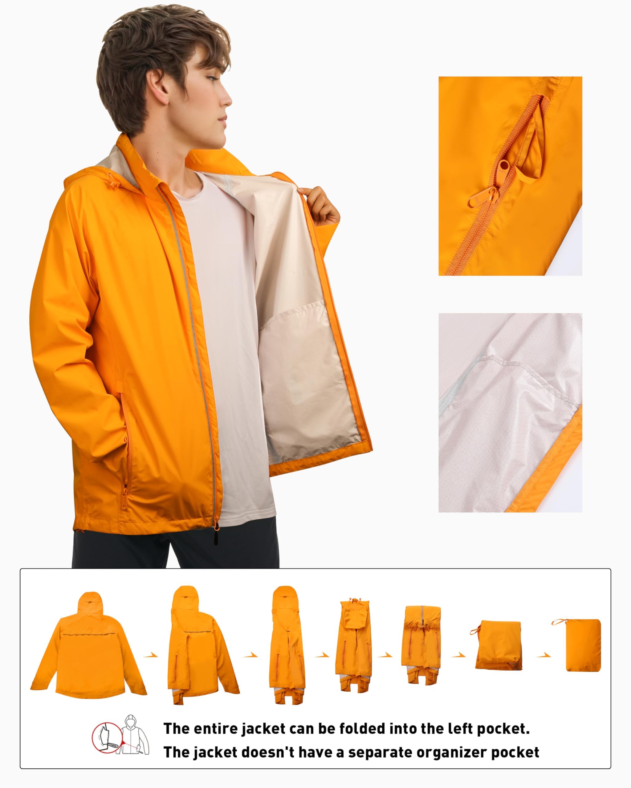 ATLASLAVA Men's Packable Rain Jackets Lightweight Waterproof Reflective Windbreaker Coat with Hood Cycling Running Golf Orange 2XL