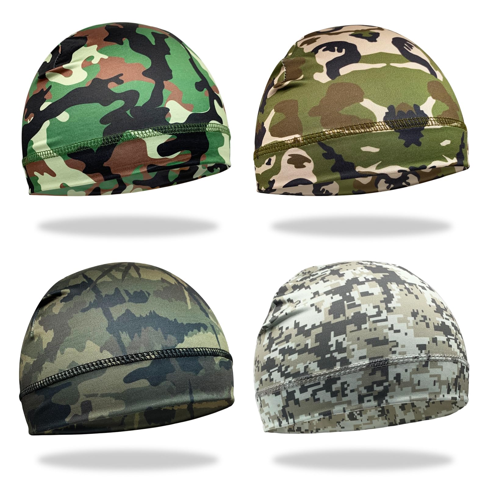 4 Pcs Skull Cap Sweat Wicking Helmet Liner Breathable Cycling Beanie Running Sports Hat Cooling Head Wraps for Men (Camo Color)