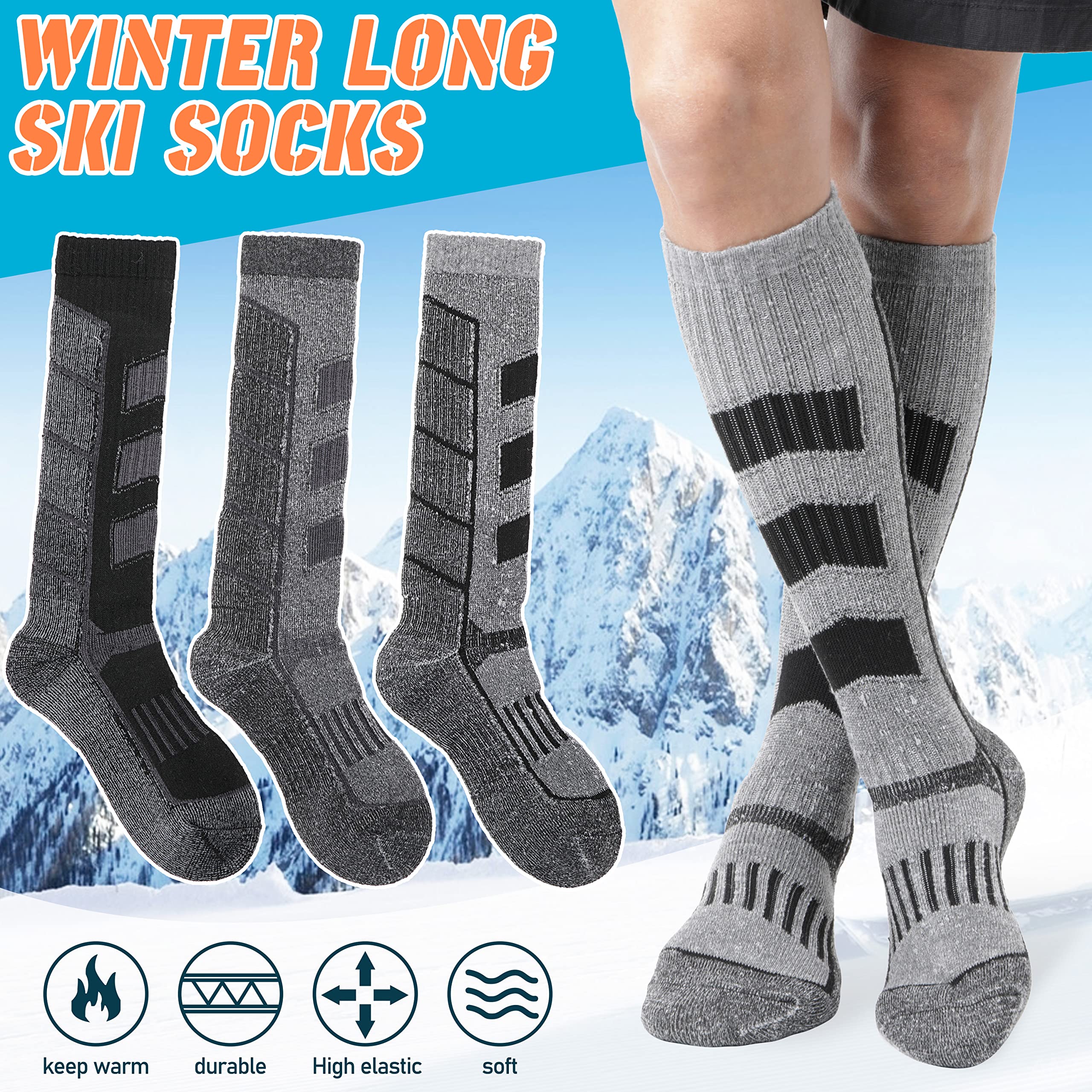 ANTSANG Mens Womens Merino Wool Ski Socks Thermal Warm Winter Thick Knee High Gift Socks Skiing Snowboarding Socks 3 Pairs(Arrow-Ski Black Grey,L)