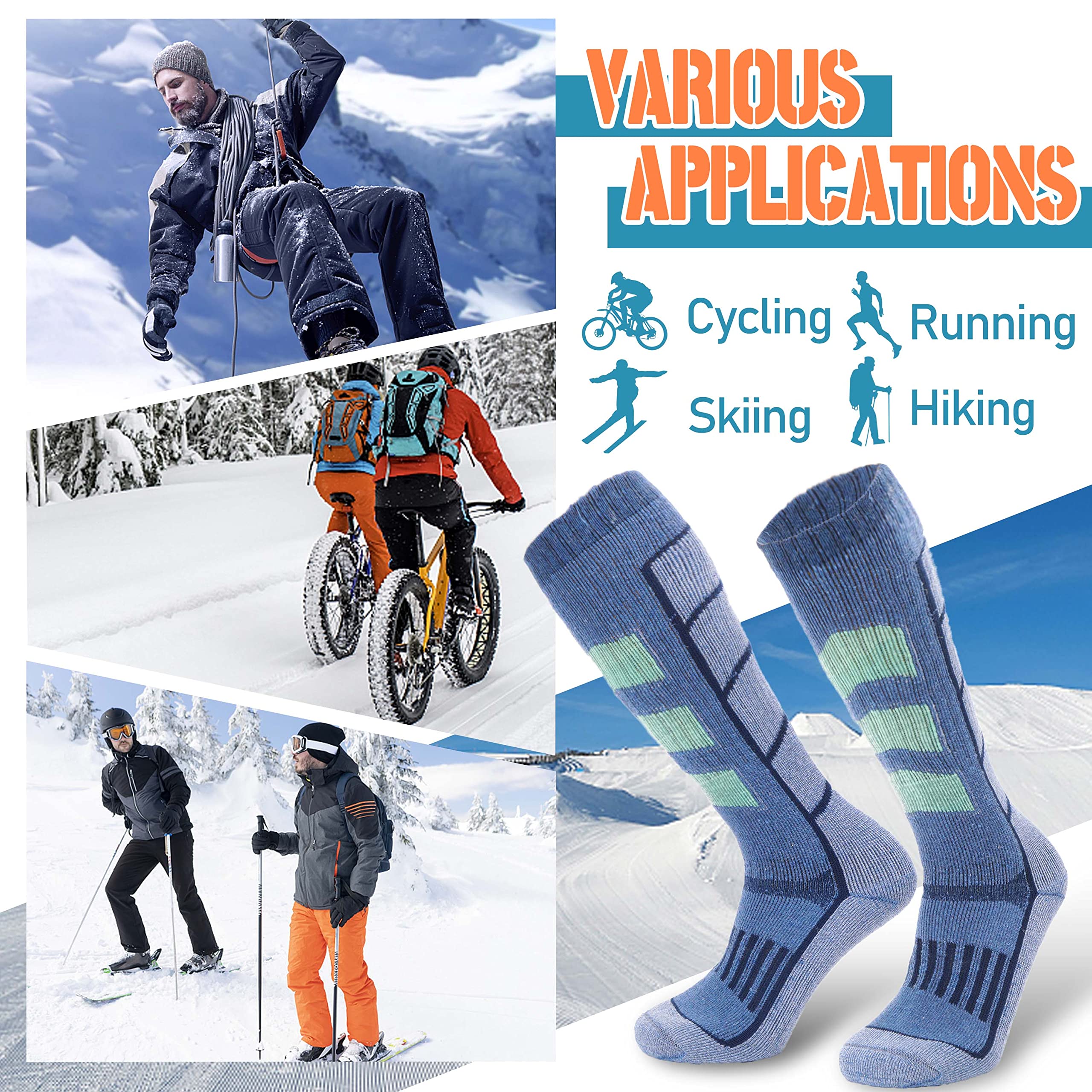 ANTSANG Mens Womens Merino Wool Ski Socks Thermal Warm Winter Thick Knee High Gift Socks Skiing Snowboarding Socks 3 Pairs(Arrow-Ski Grey/Blue A,M)